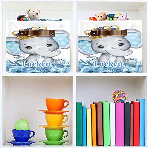 Blue Prince Floral Elephant Personalized Storage Basket,Custom Storage Bins Cubes Organizer with Handle for Bedroom Wardrobe,Nursery,Basket 1 Pack