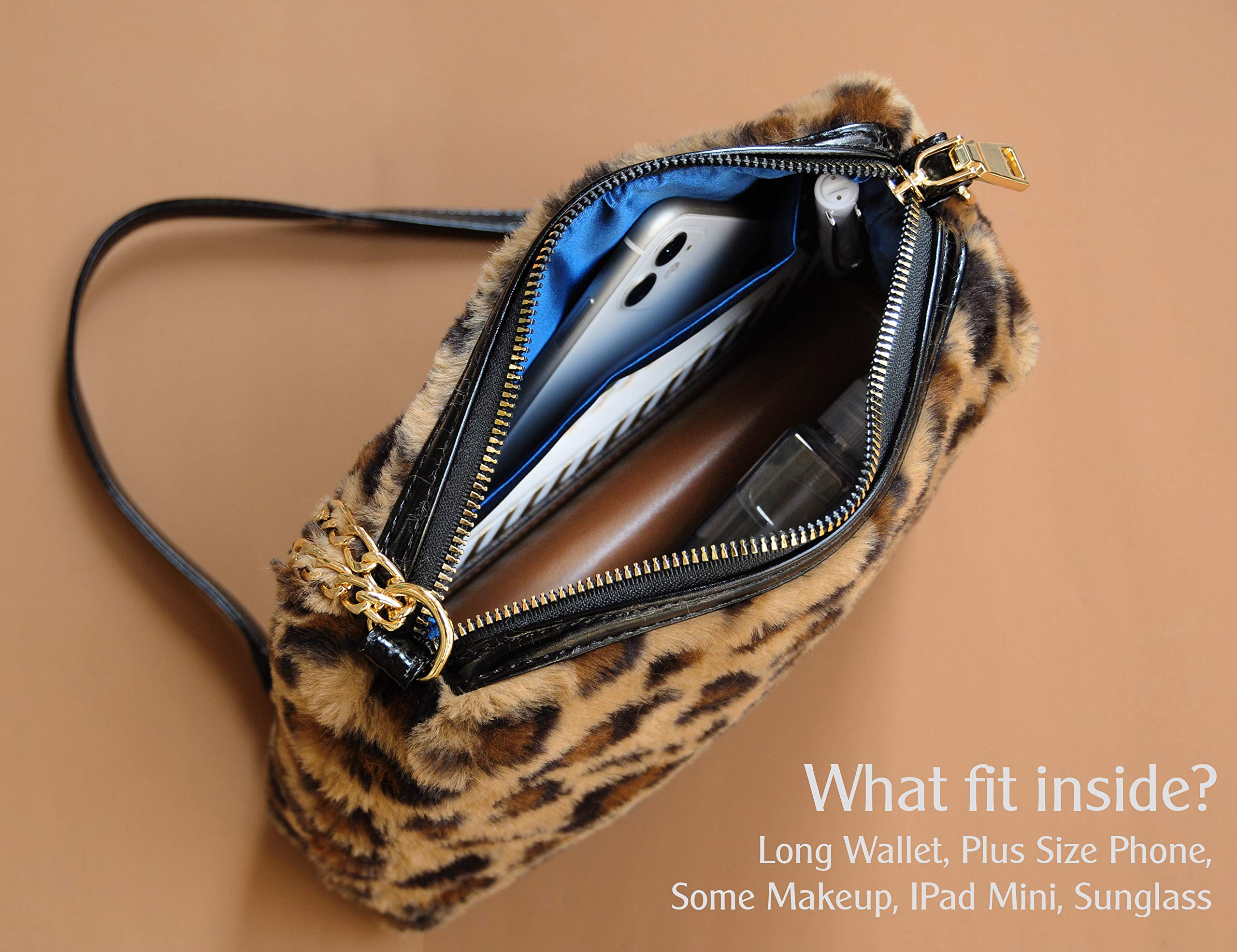 HOXIS Faux Fur Furry Crossbody Shoulder Handbag Clutch Purse(Leopard print)
