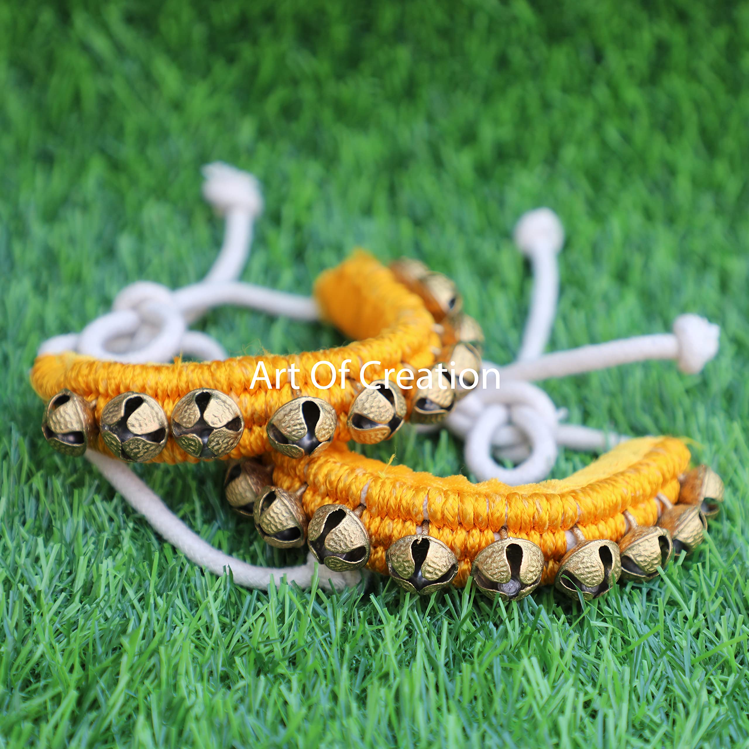 Art Of Creation Dancing Ghungroo Big Bells Pair 1 Lines Anklet Handmade Musical Instrument Classical Bharatnatayam Kuchchipudi Ghungru (Yellow Paded 20 Bell)