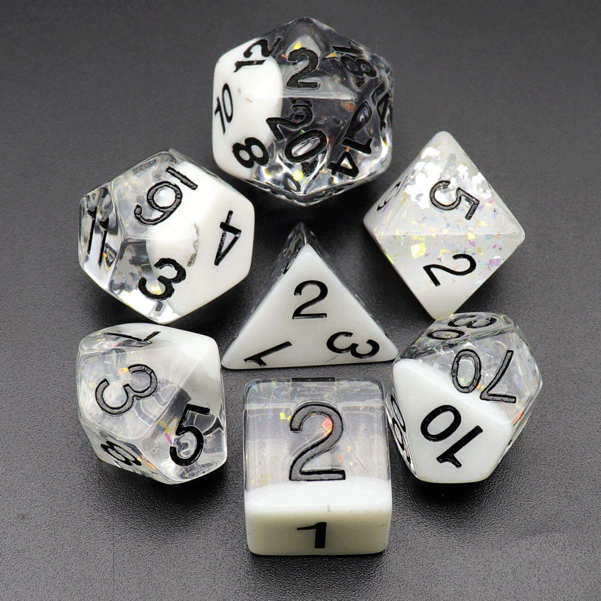 Haxtec DND Dice Set 7PCS White Layered Polyhedral D&D Dice for RPG Dungeons and Dragons (Sunlit Snow)