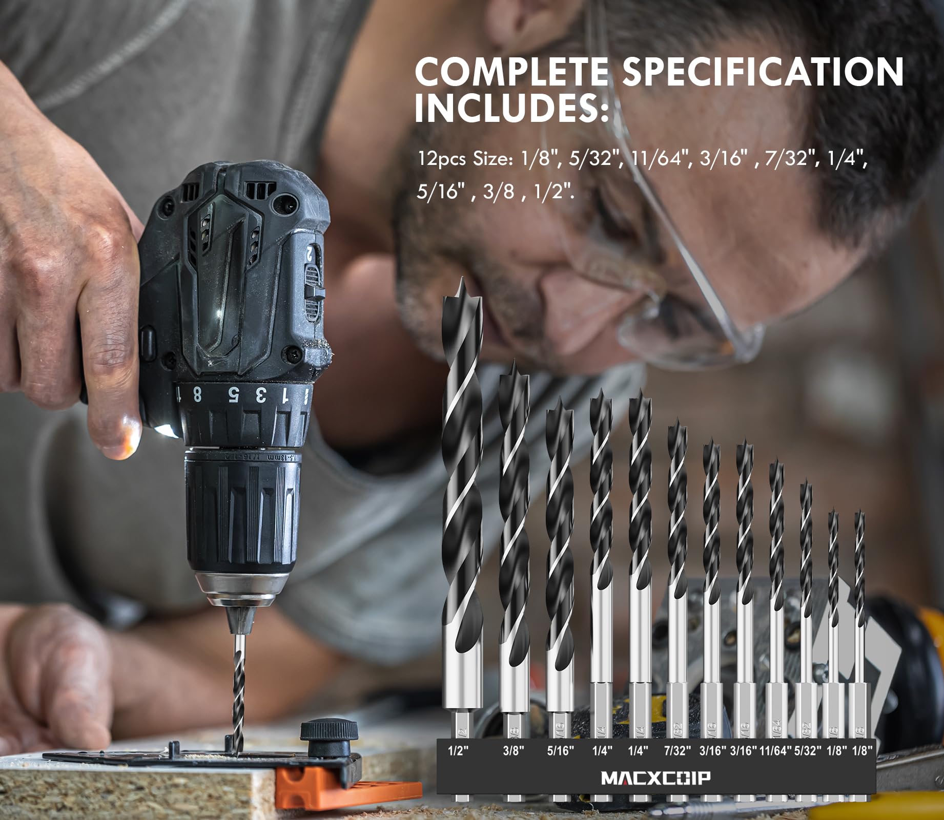 Brad Point Wood Drill Bit Set, 12Pcs Hex Shank Drill Bit Set with Double Flutes Design for Carpenter Woodworking and All Types of Wood (1/8" - 1/2")