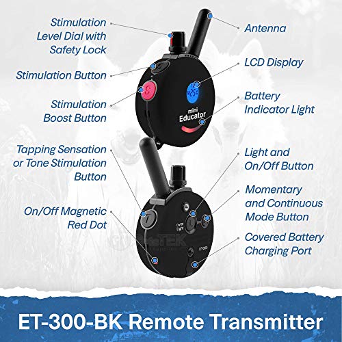 Educator - ET-300 Black - Ecollar Dog Training Collar with Remote Control - 1/2 Mile Range, Waterproof, Rechargeable, 100 Training Stimulation Levels, Vibration and Tone W/PetsTEK Training Clicker
