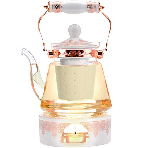 Teabloom Buckingham Palace Teapot & Flowering Tea Gift Set (6 Pieces) - Stovetop Safe Glass Teapot (40 OZ / 1.2 L / 4-5 CUPS), Porcelain Lid, Tea Warmer, Loose Tea Infuser, 2 Gourmet Rose Tea Flowers