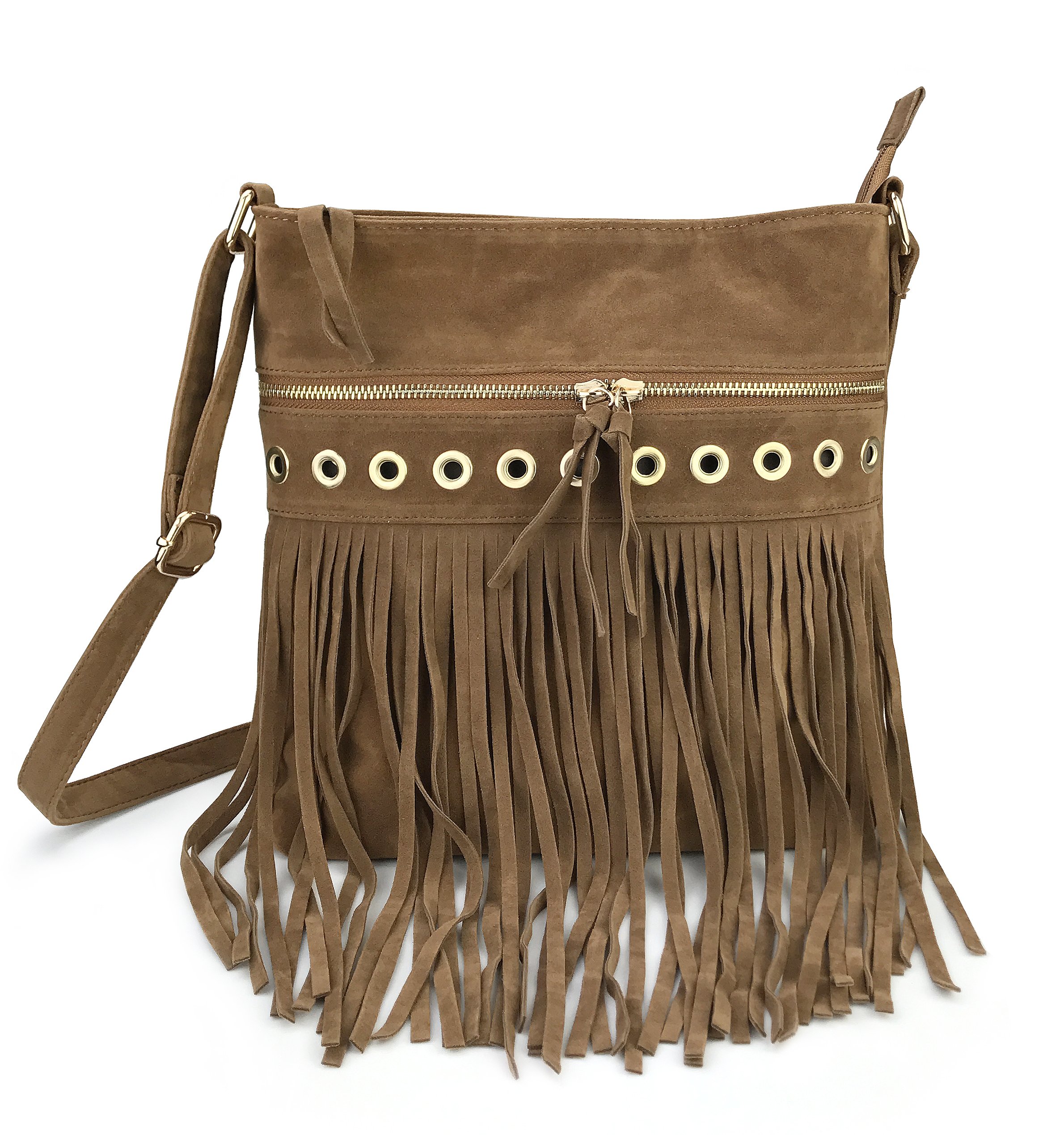 HOXIS Studded Tassel Zipper Pocket Faux Suede Leather Cross Body Bag Womens Purse (Brown)