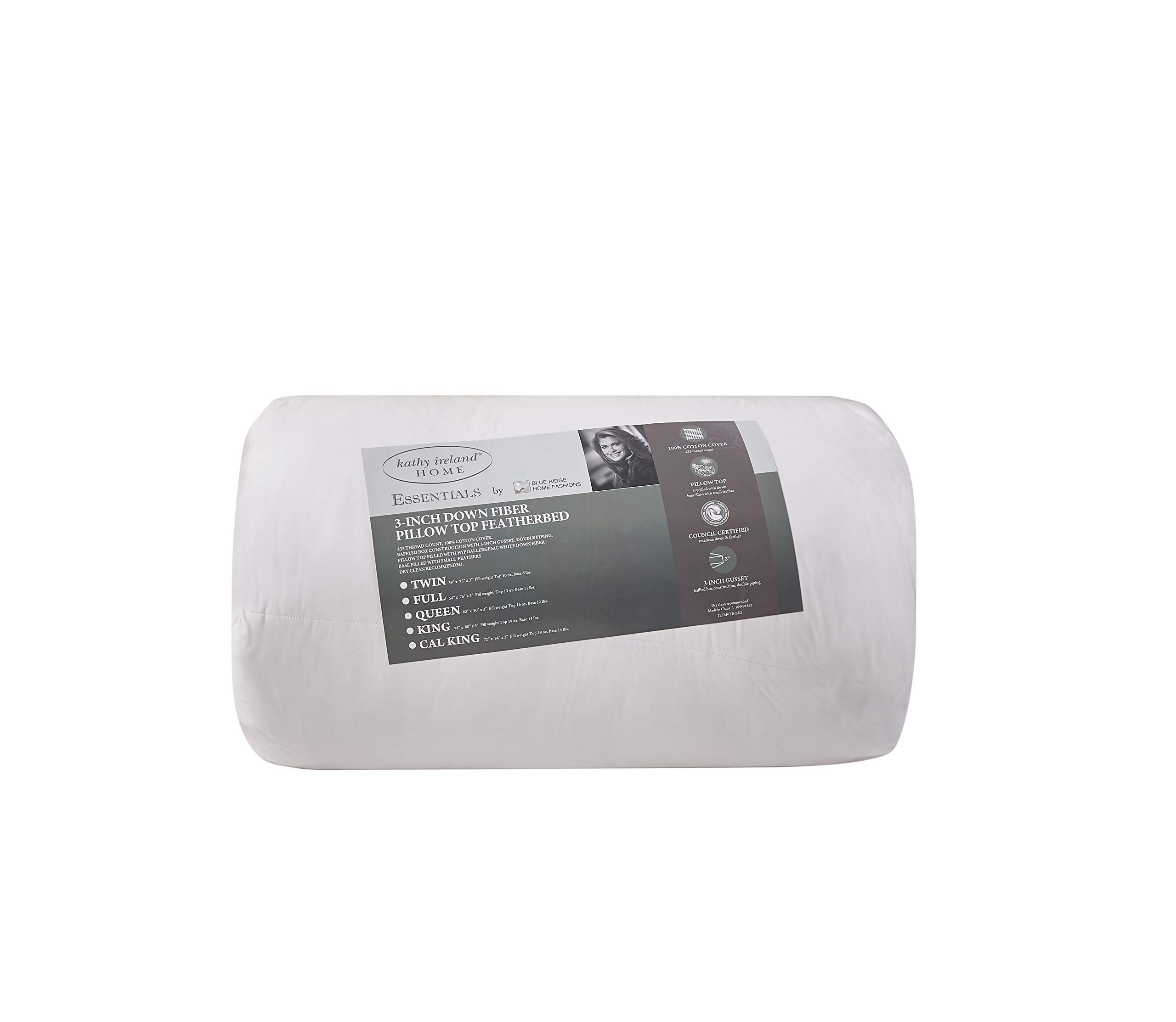 Kathy Ireland Pillowtop Mattress Topper King Size, 3-inch Overfilled White Down Feather Mattress Pad 233 Thread Count 100% Cotton Cover Featherbed - 78" x 80"
