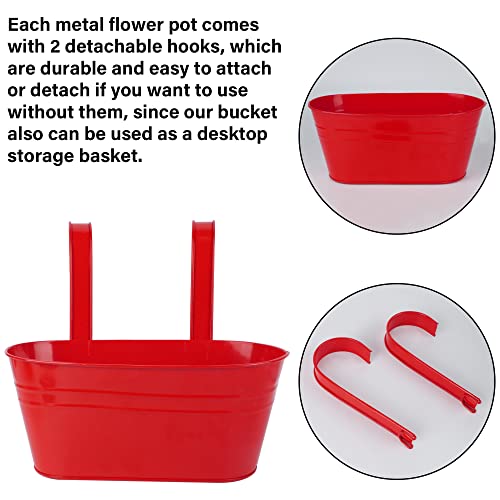Glory Island 5 Pcs Hanging Flower Pot, Metal Iron Bucket Fence Hanging Planters for Outdoor Plants, Planter Box with Detachable Hooks for Railing Balcony Garden Yard