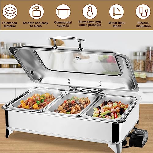Electric Chafing Dish, Food Warmer for Buffet, Party Warming Trays with Viewing Glass Cover, Easy Clean Stainless Steel - Temperature Control(Size:3 grids)
