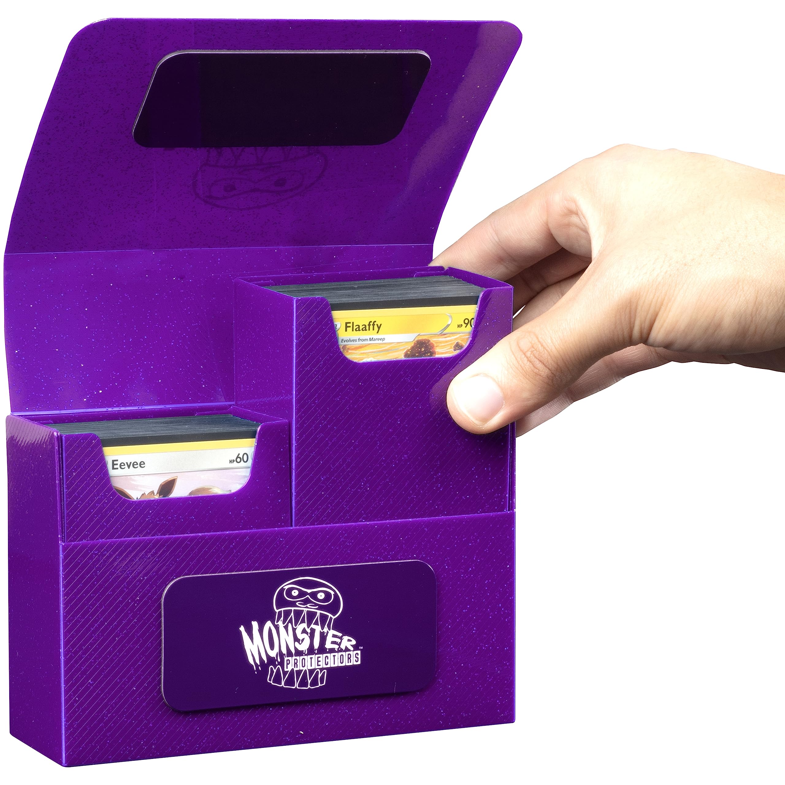 Monster Protectors Magnetic Double Deck Box - Purple Glitter, Holds 150 Gaming TCGs, Self-locking Closure, Compatible w Standard & Smaller Size Gaming Trading Cards, Removable Construction, Gift