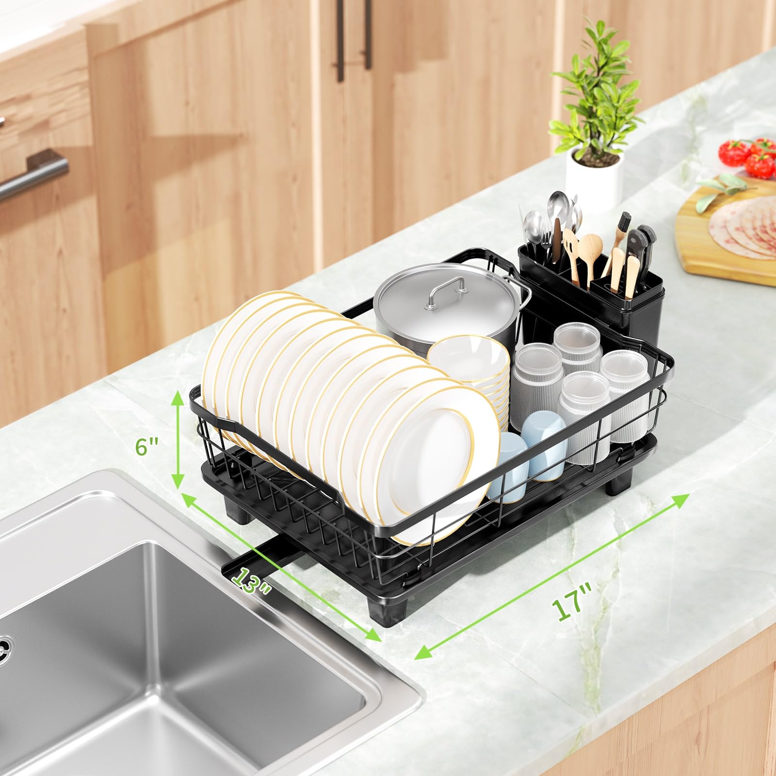 DMTXCRP Dish Drying Rack with Drainboard for Kitchen Counter, Large Capacity Durable Rustproof Stainless Steel Dish Drainer Rack with Removable Flatware Caddy -Black