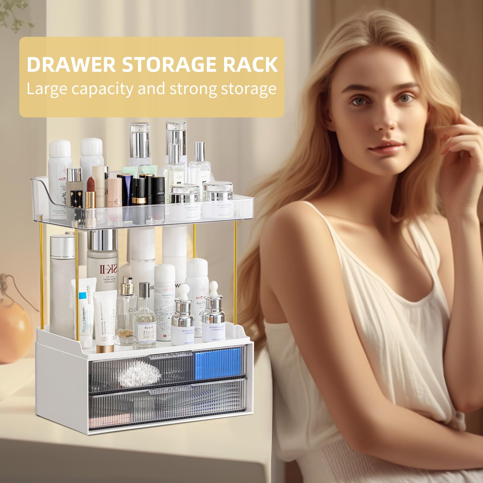 CISIREE Bathroom Countertop Organizer, 2 Tier 2 Drawer Large Skincare Organizers,Luxury Makeup Organizer Countertop,Exquisite Bathroom Vanity Organizer,Clear