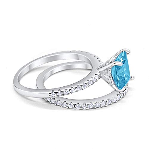 Blue Apple Co. Two Piece Wedding Engagement Ring Band Asscher Cut Simulated Aquamarine 925 Sterling Silver, Size-8