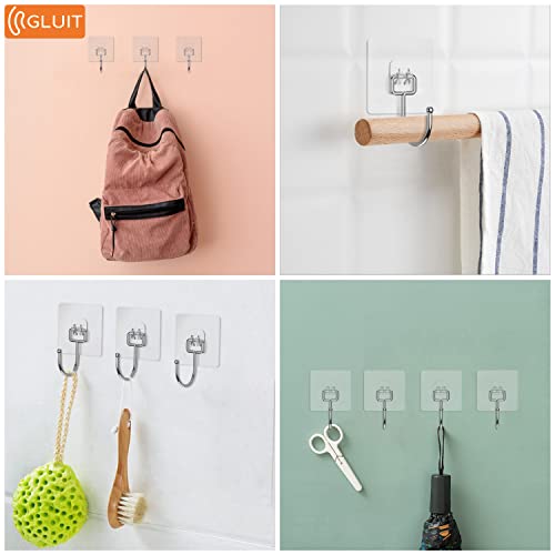 GLUIT Adhesive Hooks Medium 12 Pack and Large 12 Pack for Hanging Heavy Duty Wall Hooks 22 lbs Self Adhesive Towel Hook Waterproof Transparent Hooks for Keys Bathroom Shower Outdoor Kitchen
