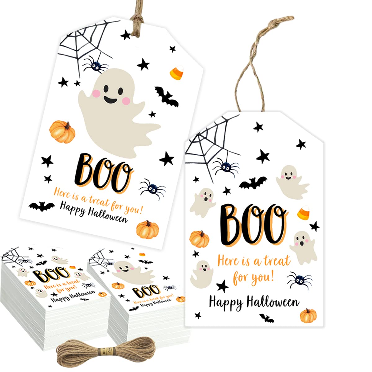 Halloween Tag Decoration 50PCS Halloween Ghost Tag with Jute String Trick or Treat Happy Boo Day for Halloween Party Gift Wrapping Candy Bag Decoration