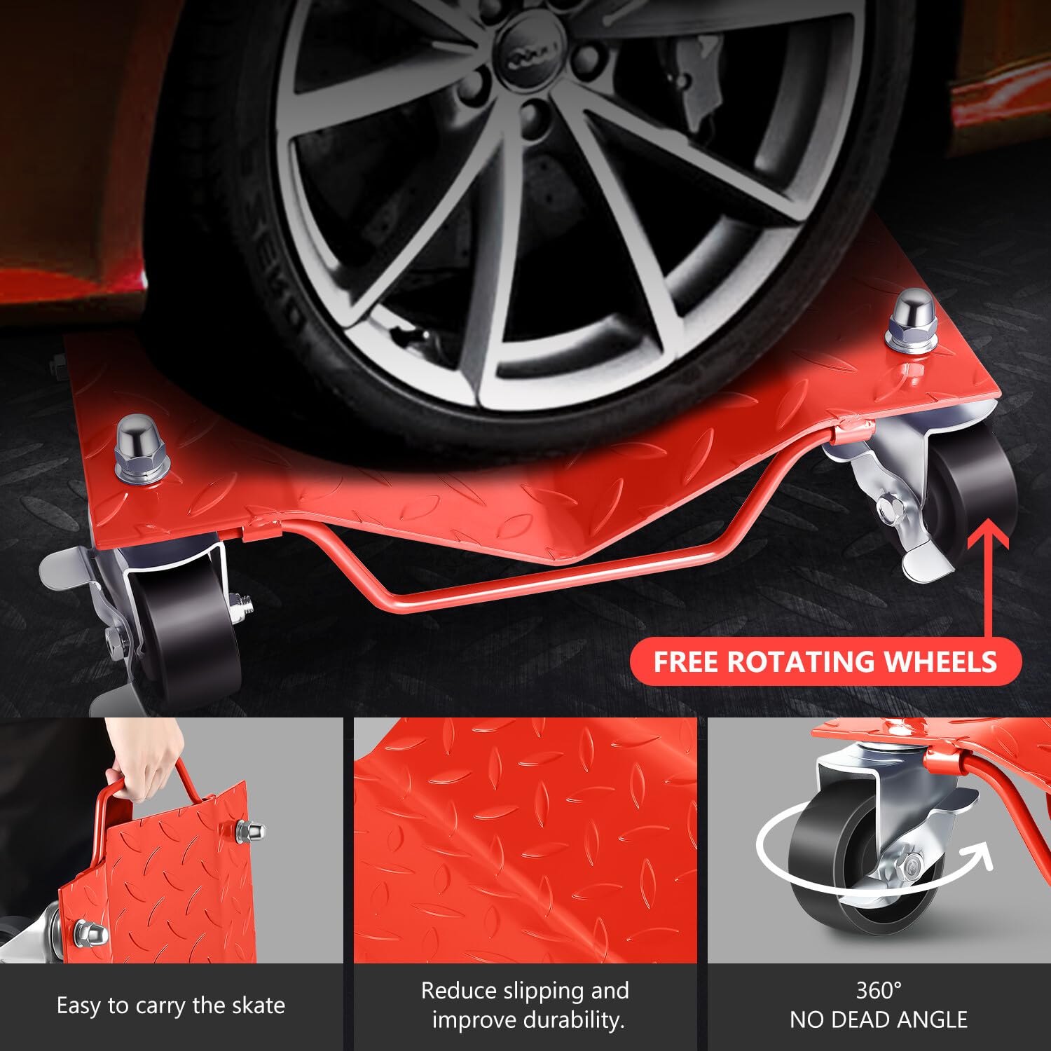 DNA MOTORING 4-Pack Tire Wheel Dolly Vehicle Wheels Dollies Movers Skates Car Tire Repair Slide Tools, 6000 lbs Capacity, Red,TOOLS-00298