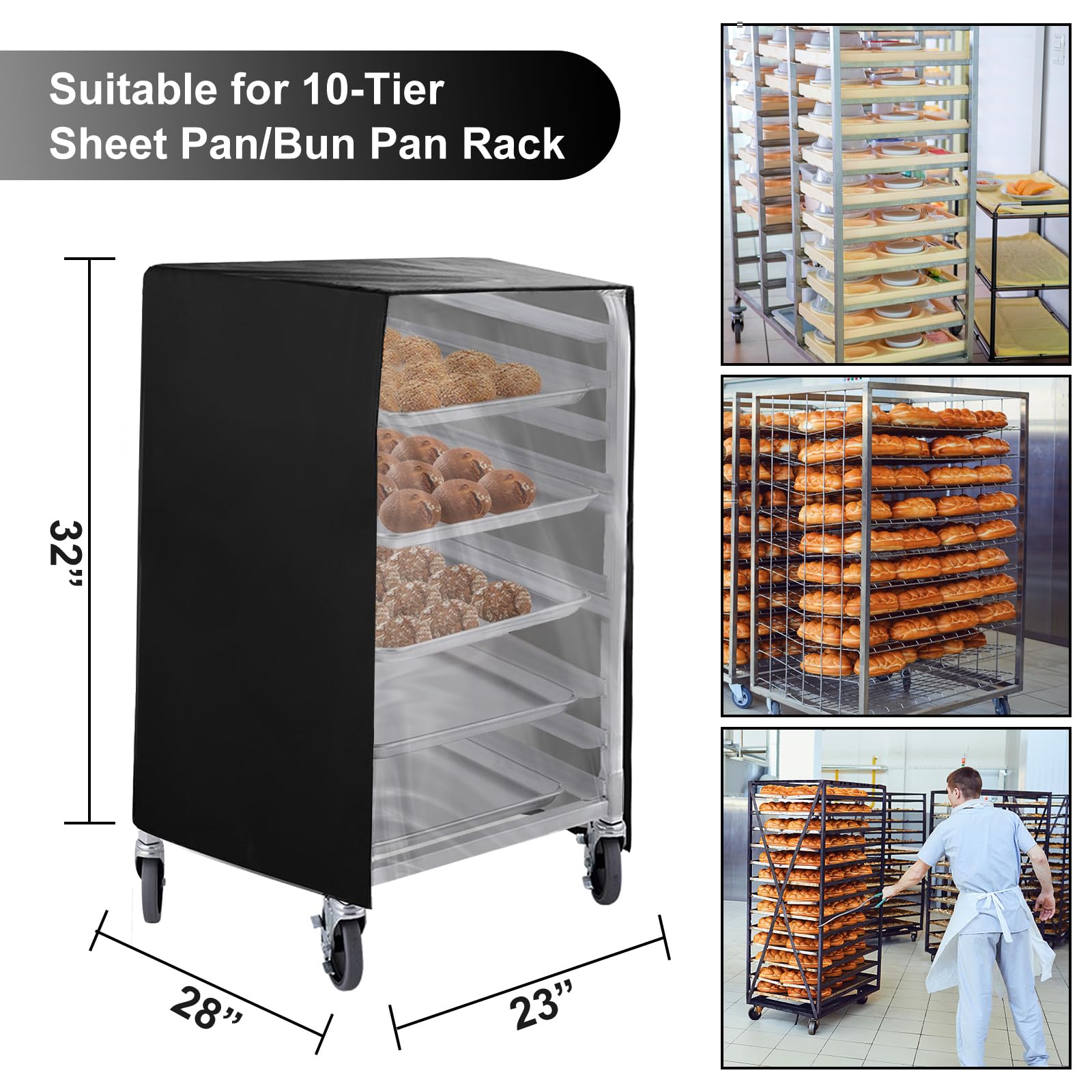 Bread Rack Cover with Zipper, 10tier Sheet Pan Rack/Bun Pan Rack Cover with Vents ,23"X28"X32" Bakery Single Rack Covers Waterproof and Dustproof,Black