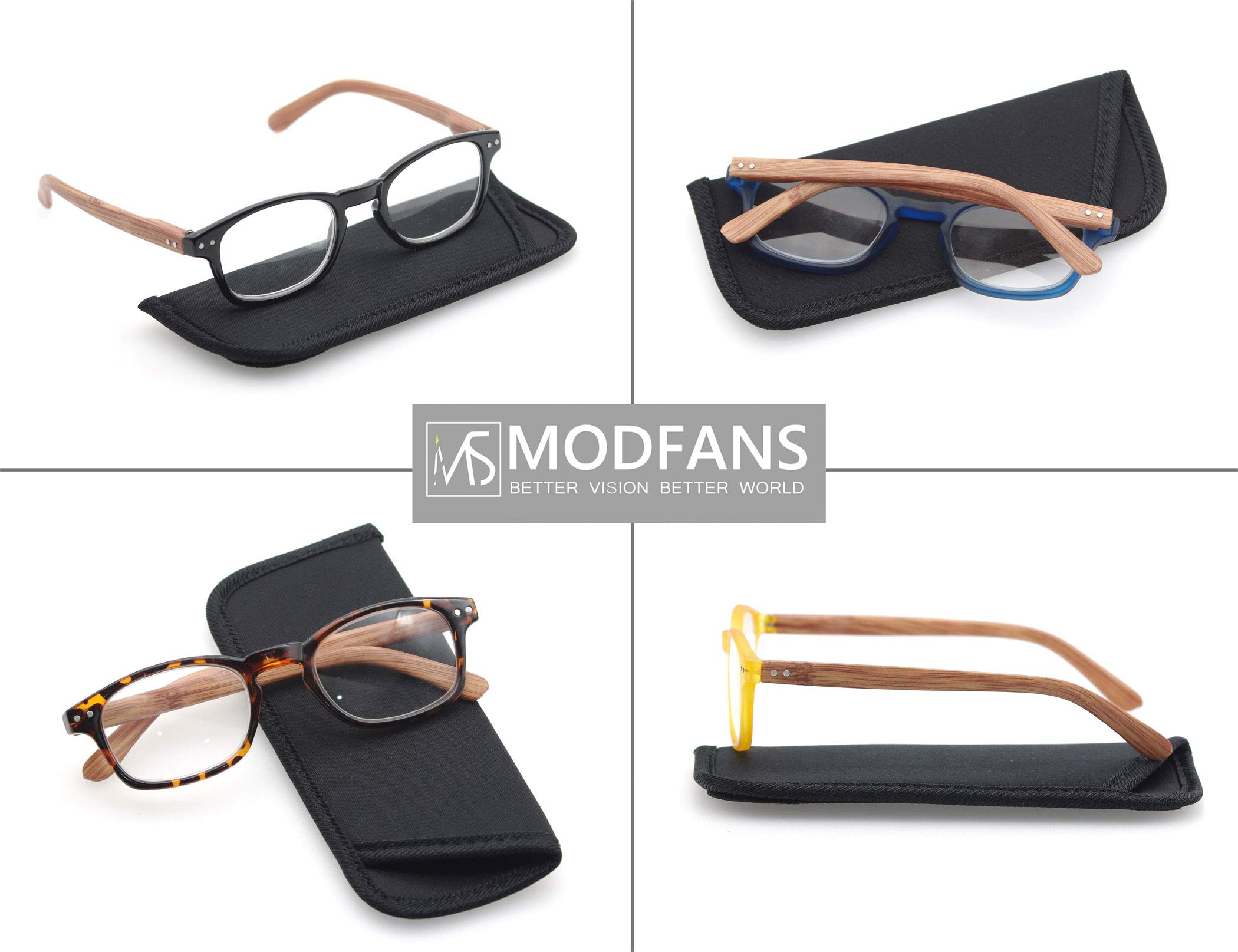 MODFANS 4 Pack Reading Glasses 2.0 Fashion Wood-Look Spring Hinges Stylish Readers Men Women