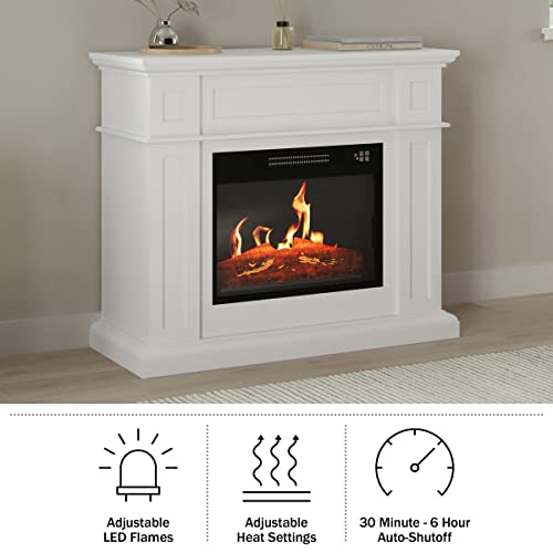 Electric Fireplace with Mantel - Freestanding Heater with Remote Control, Adjustable LED Flames and Faux Logs - Living Room Decor by Northwest (White)