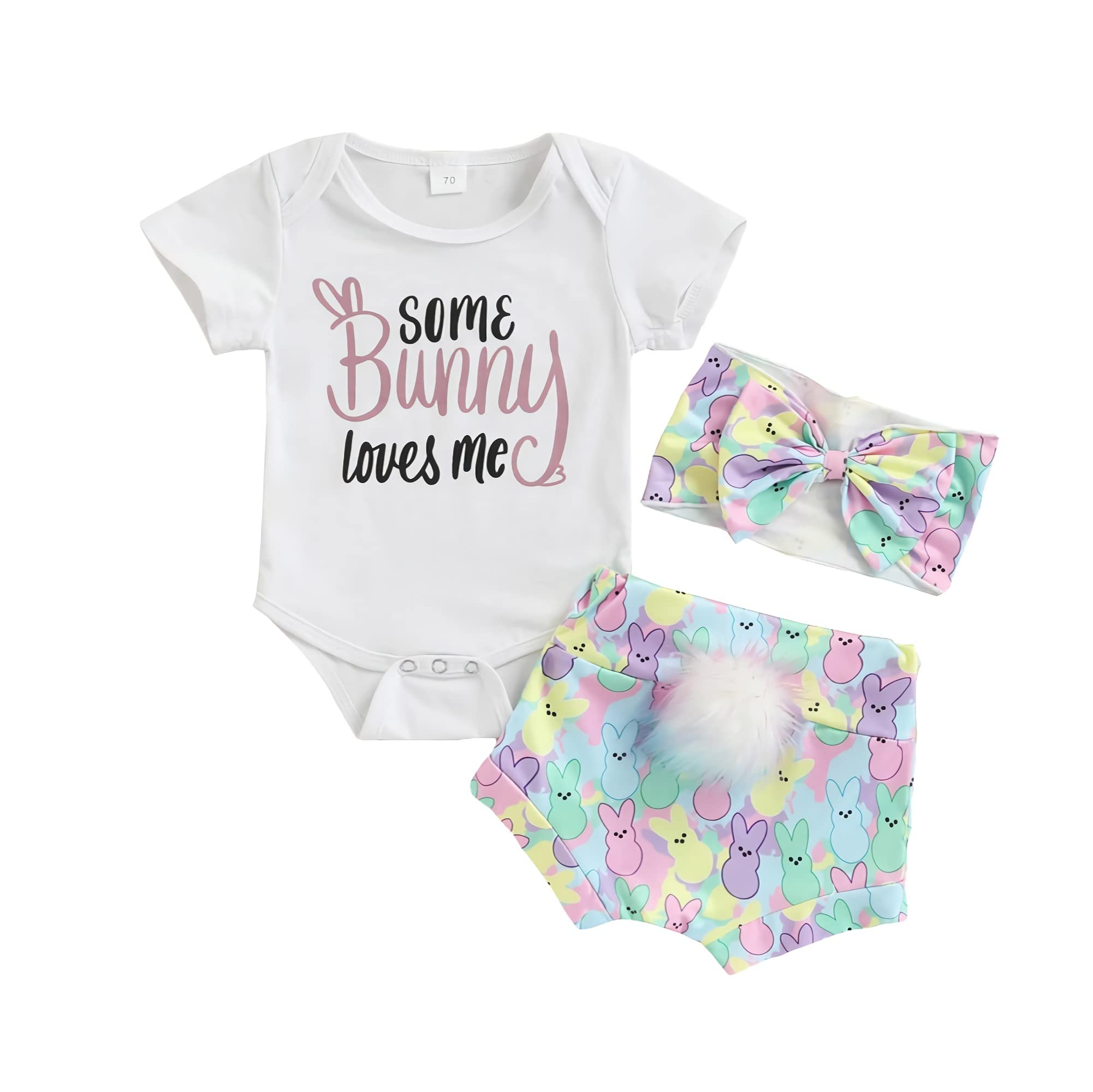 MEIAZM Newborn Infant Baby Girl Easter Outfits Letter Romper Bodysuit+Fluffy Bunny Tail Shorts+Headband 3PCS Rabbit Clothes (Pruple, 0-3M)