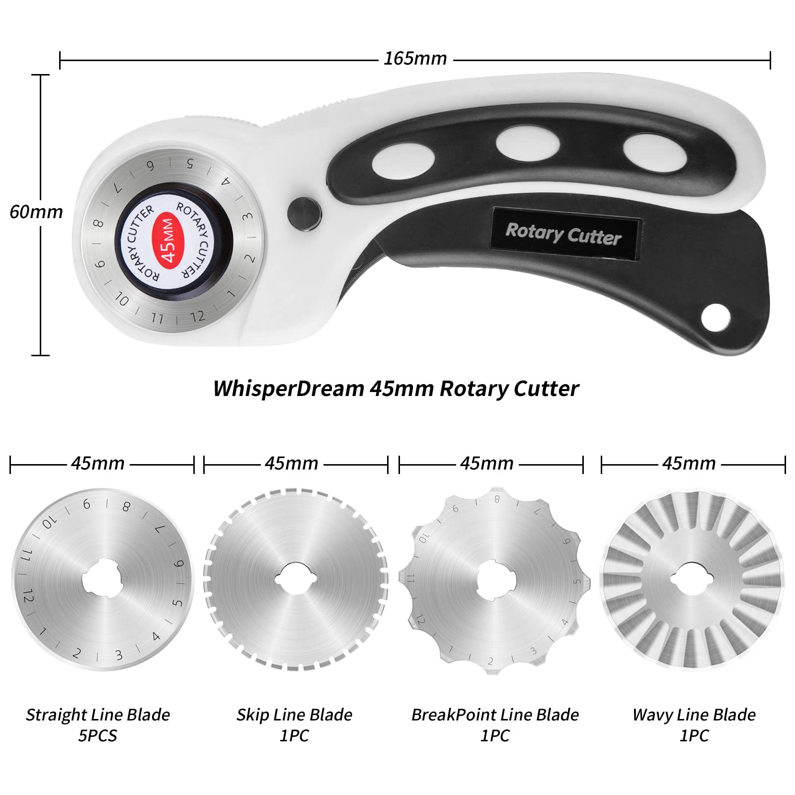 WhisperDream 45mm Rotary Cutter - White Rotary Cutter with Ergonomic Safety Design - 8 Extra Replacement Blades Included, 45mm Rotary Cutter Great for Sewing, Quilting Supplies, Fabric and Crafts