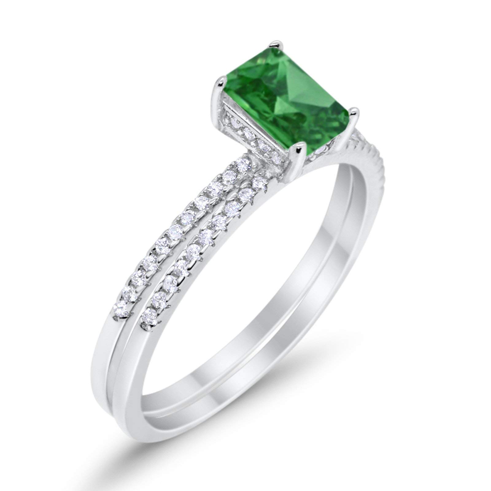 Blue Apple Co. Art Deco Two Piece Wedding Engagement Bridal Set Radiant Simulated Green Emerald CZ 925 Sterling Silver Size-8