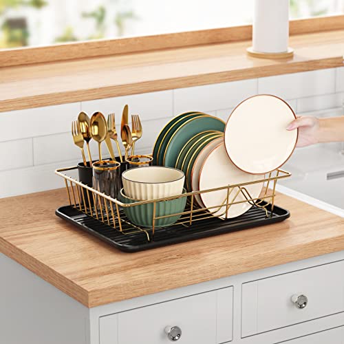 GSlife Dish Drying Rack with Drainboard - Dish Racks for Kitchen Counter, Dish Drainer with Utensil Holder, No Drain Spout, Gold and Black