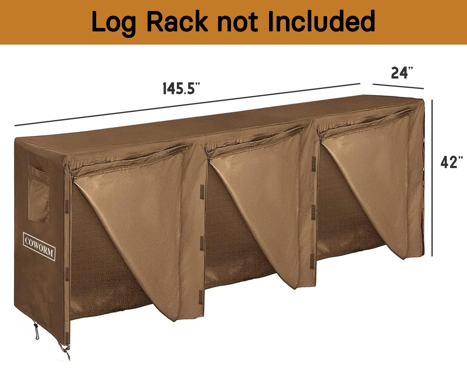COWORM Heavy Duty Firewood rack cover 12 ft, 600D log rack cover Waterproof - Brown, with Zipper and Velcro (Log Rack not Included)