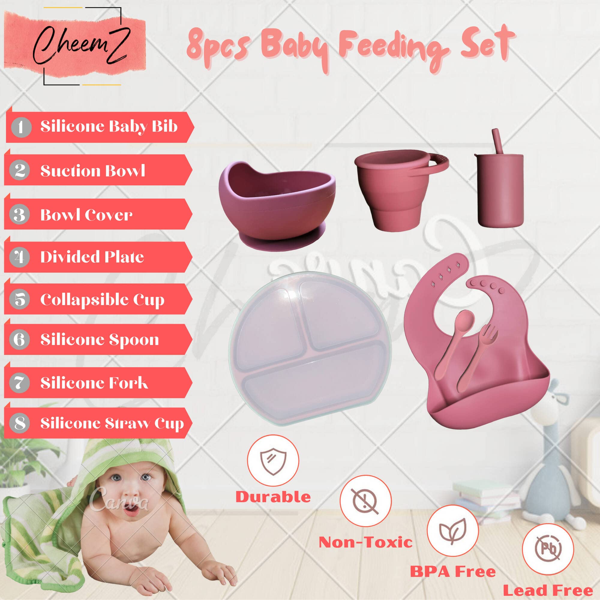 CheemZ Safe and Mess-Free 8-Piece Baby-Led Weaning Feeding Set - Suction Plates, Bowls, Bib, Straw Cup, Fork, and Spoon - Ideal for 6-12 Months - Make Baby's Mealtime Easy and Fun!