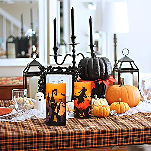 DRomance Halloween LED Flameless Pillar Candles Battery Operated with 6 Hour Timer Set of 3 Orange Wax Warm Light Flickering Witch Bats Castle Spooky Decals Halloween Decor Gifts(3 x 6 Inch)