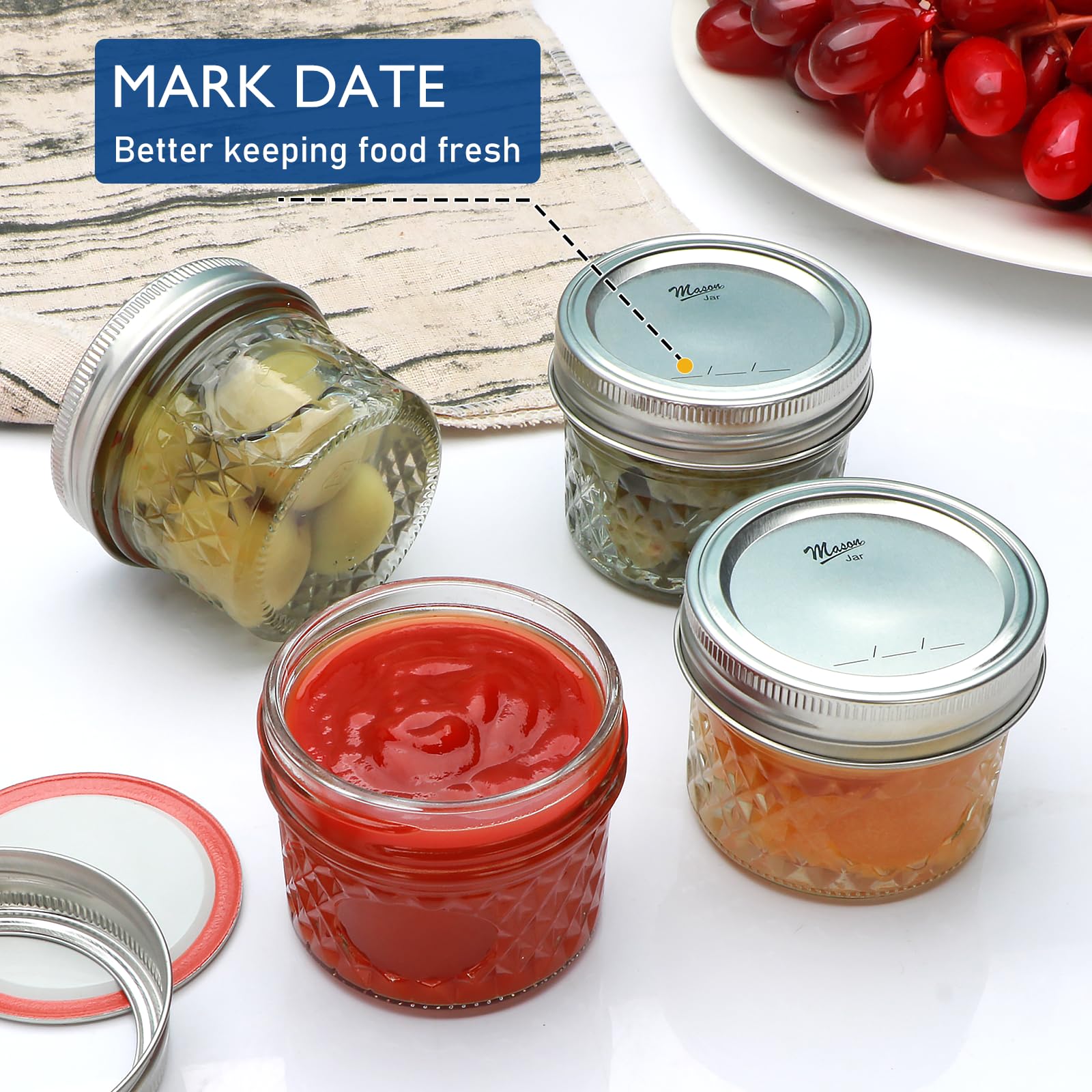 Datttcc 4 oz Mason Jars, Mini Glass Jars, Small Mason Jars with Silver and Yellow Lids for Honey, Jams, Seasonings, for Kitchen, Bathroom, Gift Giving, Pack of 16