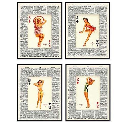 Dictionary Wall Art Prints - 1950s Vintage Pinup Girls Playing Cards Photo Set - Chic Home Decor for Bar, Man Cave, Poker or Game Room Decoration – Cool Unique Gift for Men, Man, Husband Him