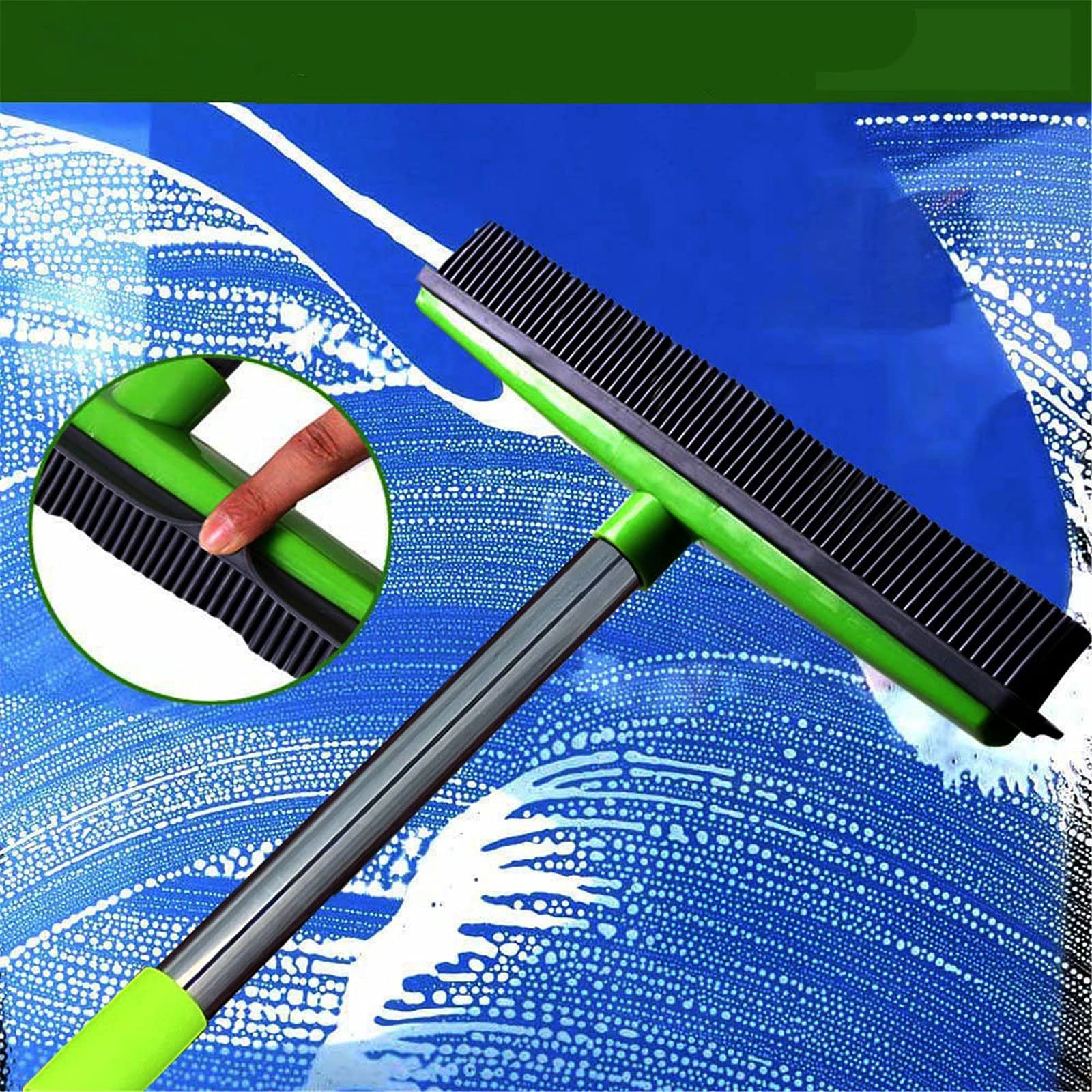 Carpet Hair Removal Broom with Squeegee, Rubber Floor Broom Carpet Rake, Adjustable Long Handle 49" Length for Pet Cat Dog Hair Carpet Hardwood Tile Windows Clean Water Resistant