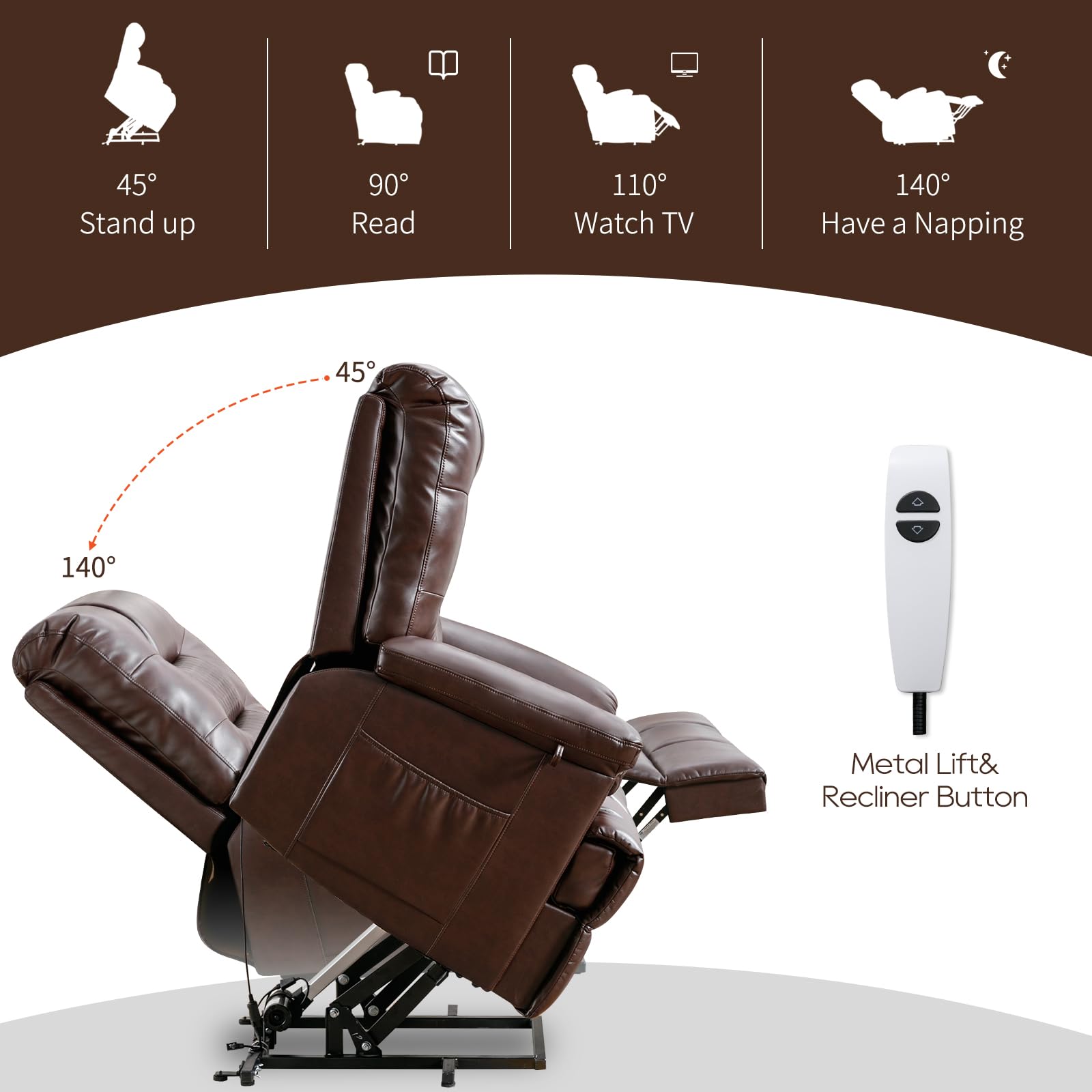 BAIJIAWEI B Power Lift Recliner Chair, PU Leather Electric Recliner with Vibration Massage & Heat Function, Heavy Duty Recliner with Remote Control, 3 Positions, USB Port