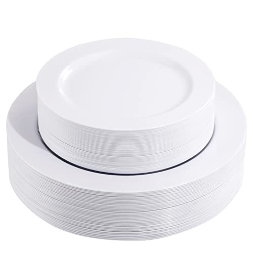FLOWERCAT 60PCS White Plastic Plates - Heavy Duty White Disposable Plates for Party/Wedding - Include 30PCS 10.25inch White Dinner Plates and 30PCS 7.5inch White Dessert/Salad Plates