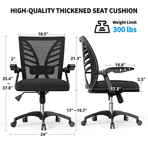 Ergonomic Office Chair, Mid Back Mesh Computer Desk Chair with Lumbar Support, Flip-up Arms, Adjustable Backrest, Swivel Comfortable Task Chair for Teens, Women, Adults,Black