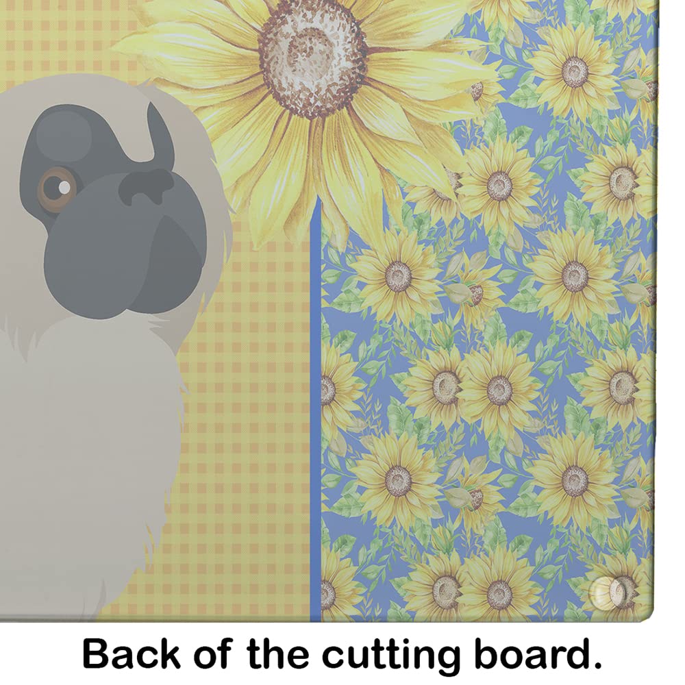 Caroline's Treasures WDK5453LCB Summer Sunflowers Cream Pekingese Glass Cutting Board Large Decorative Tempered Glass Kitchen Cutting and Serving Board Large Size Chopping Board