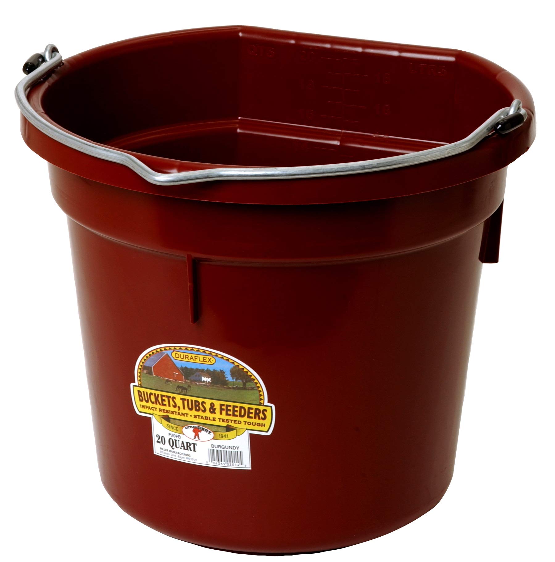 Little GiantĀ® Flat Back Plastic Animal Feed Bucket | Animal Feed Bucket with Metal Handle | Horse Feed & Water Bucket | 20 Quarts | Burgundy