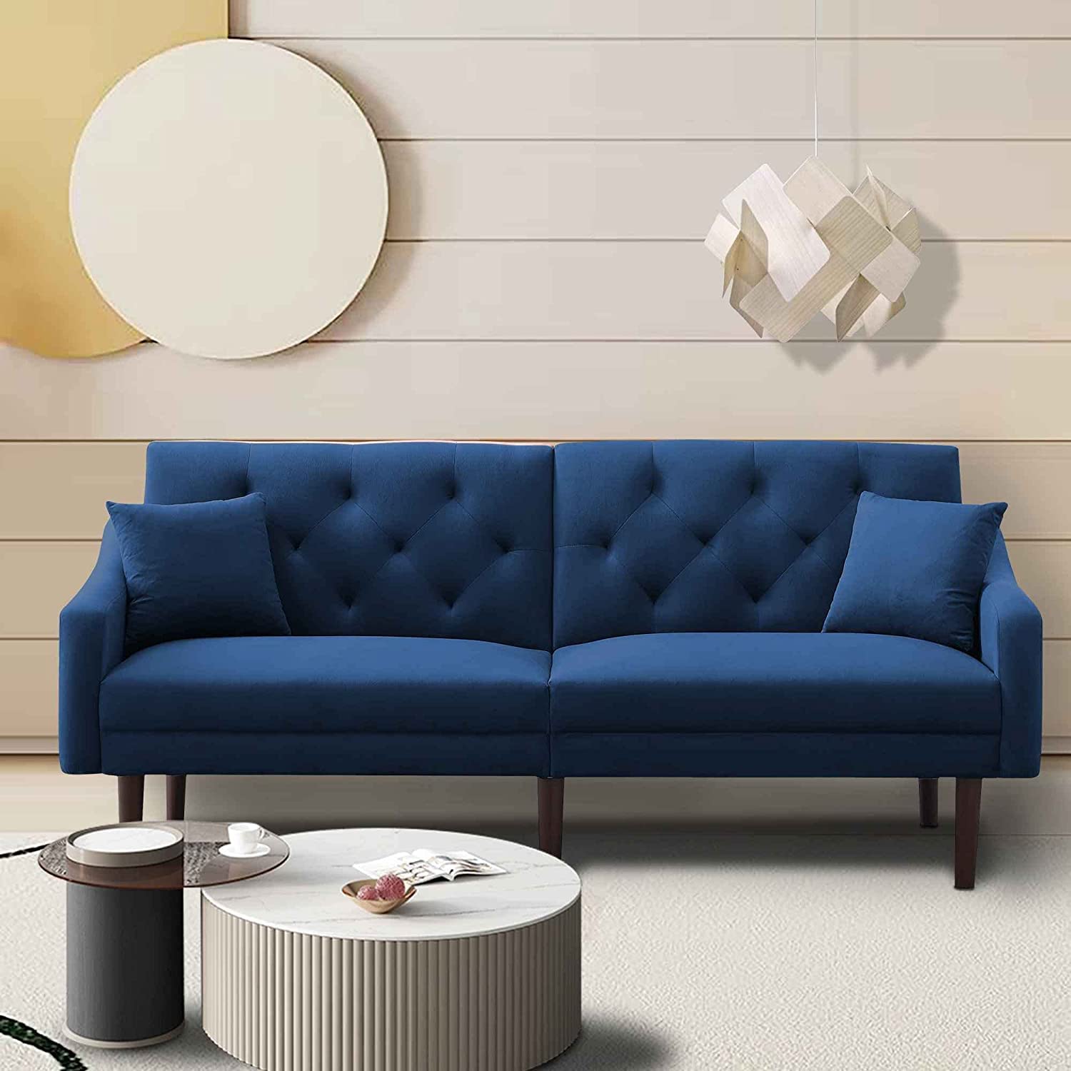 DNYN Convertible Futon Sofa Bed & Upholstered Velvet Loveseat Folding Sleeper Couch with 2 Pillows & Adjustable Backrest for Small Space,Office,Apartment, Green