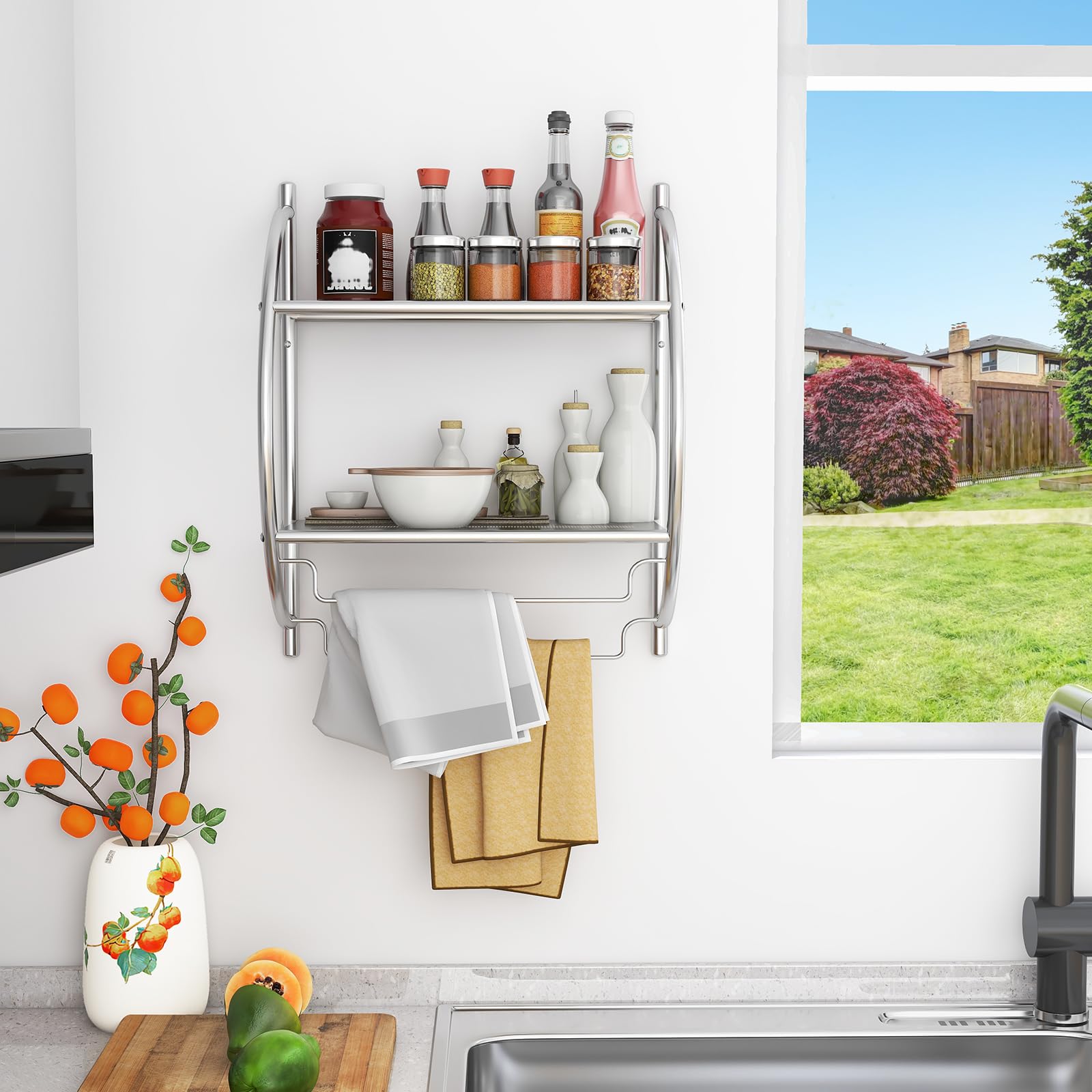 Giantex Bathroom Shelf with Towel Rack - 2 Tier Rustproof Over The Toilet Storage Shelf with Double Towel Bars, 18" W X 10" D X 22" H, Wall Mount Chrome Towel Holder for Living Room, Kitchen (Silver)