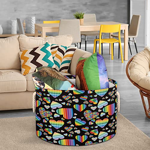 Rainbow Hearts Lgbt Pridge Large Round Baskets for Storage Laundry Baskets with Handles Blanket Storage Basket for Bathroom Shelves Bins for Organizing Nursery Hamper Girl Boy