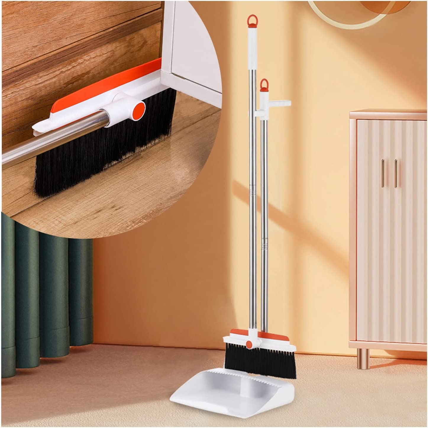 Broom Dustpan Set, Indoor 360° Rotatable Standing Storage Buckle Broom and Dustpan Set with Scraping Teeth and Squeegee Deep Cleaning Room and Dustpan Set for Home, Office