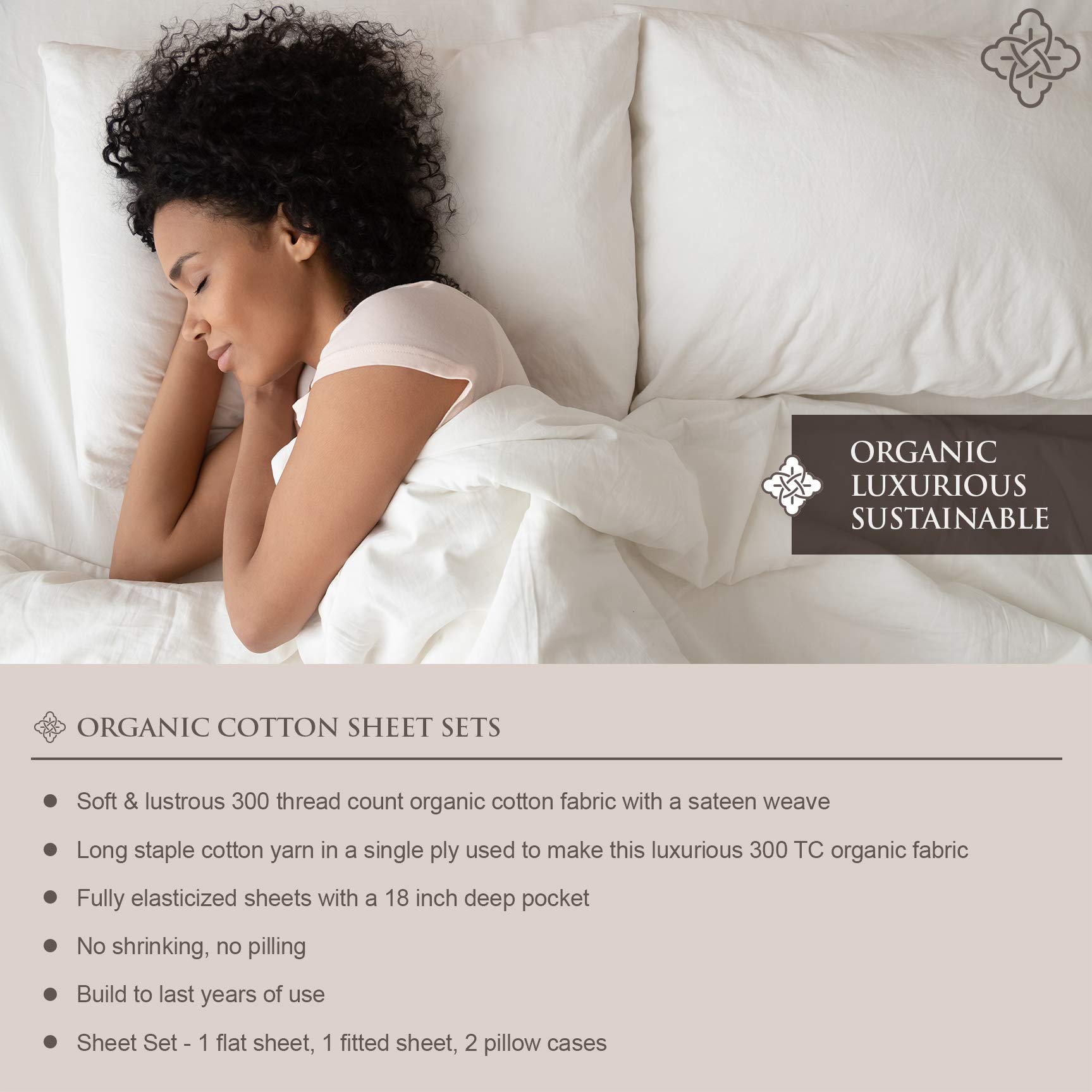 BIOWEAVES 100% Organic Cotton Sheets, 300 Thread Count 4-Piece GOTS Certified Bed Sheet Set Fits Mattress Upto 17" Deep Pocket, Soft & Silky Sateen Weave (King, Undyed Natural)
