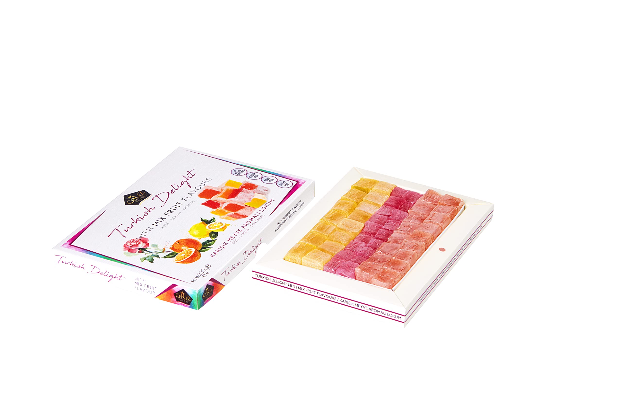 Cerez Pazari Turkish Delight with Rose, Orange and Lemon Mix Flavours 8.1 Oz Gourmet Small Size Snacks Gift Box, No Nuts Sweet Traditional Confectionery Vegan Candy Dessert Lokum Loukoumi Approx.32Pcs