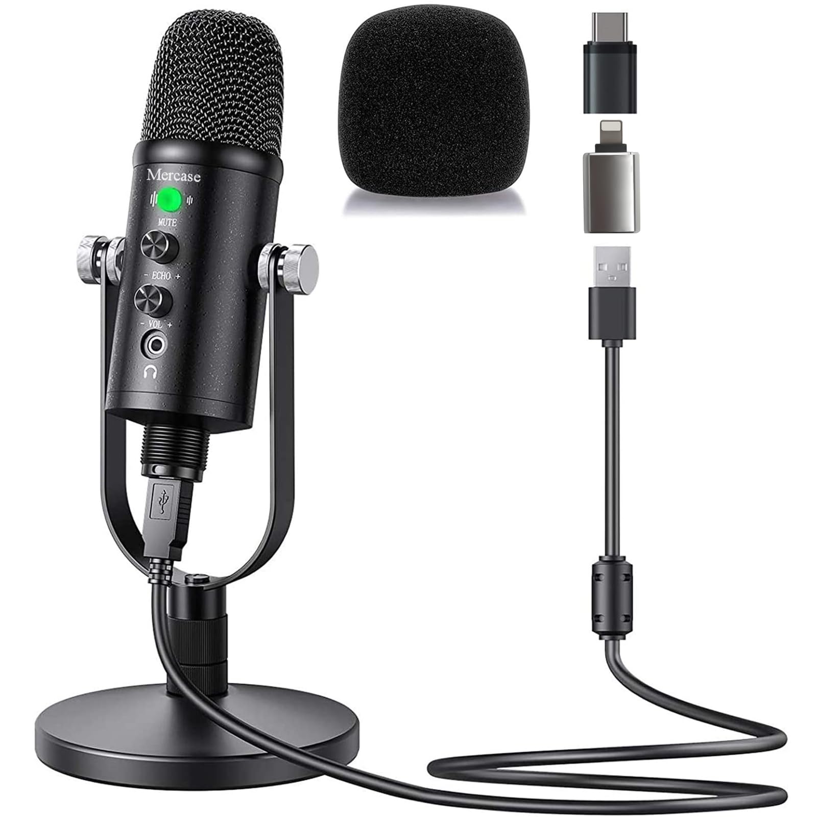 Mercase USB Condenser Microphone for Podcasting, Streaming, Recording on Phone, PC, Mac, PS4/PS5,Plug & Play, Quick Mute, with Adjustable Boom Arm Stand