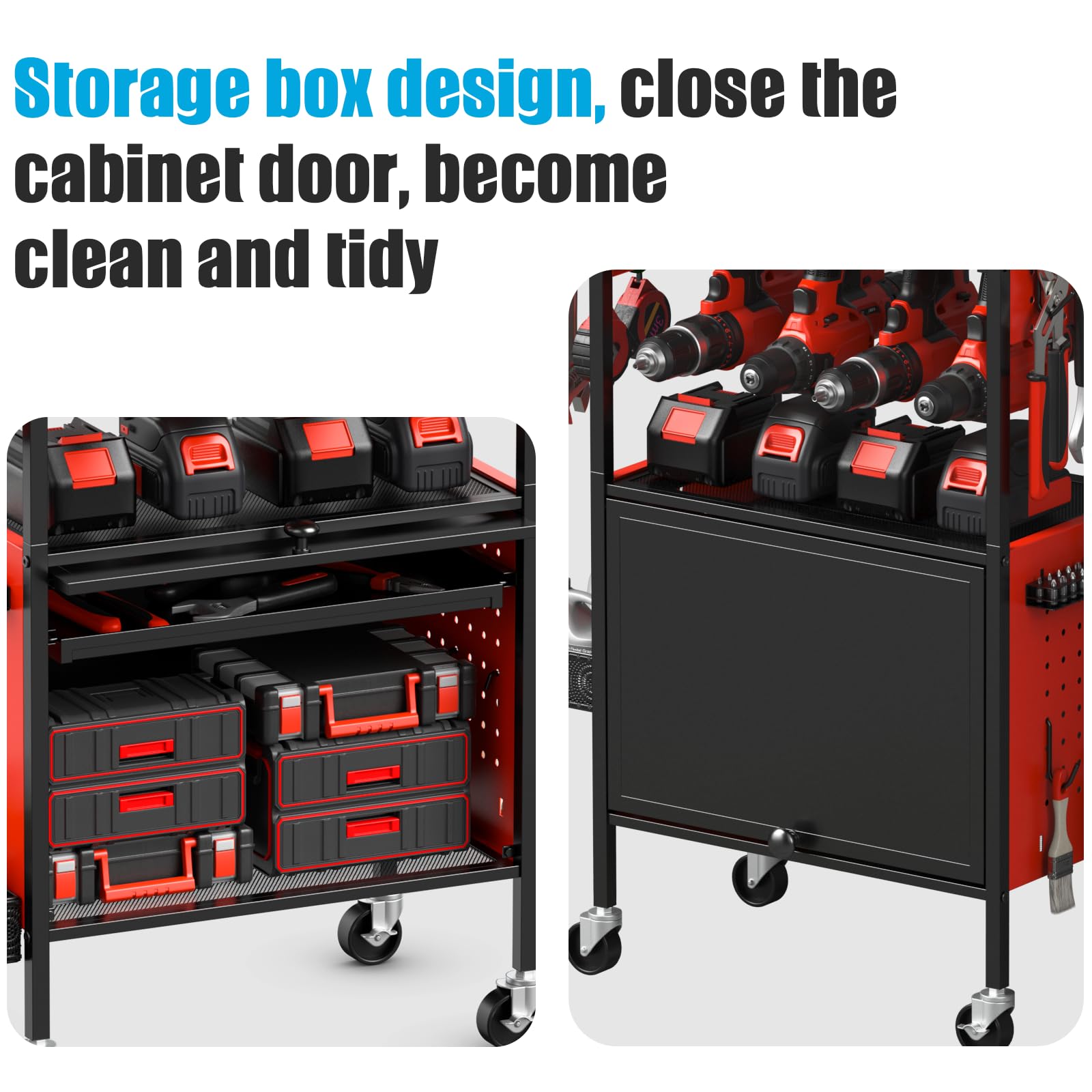 CCCEI Garage Power Tools Organizer Cart with Charging Station, Floor Standing Drill and Tools Battery Storage Cart with Cabinet. Utility Rack Gift for Men, Husband, Father Red.
