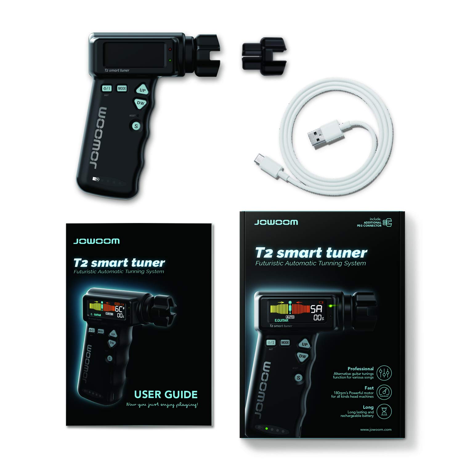 JOWOOM T2 Smart Automatic Guitar & Ukulele Tuner | Fast Acoustic Guitars Auto-Tuner With 180RPM Electric String Winder | Safe & Professional Grade Tuner For Ukuleles | USB Rechargeable Battery | Black