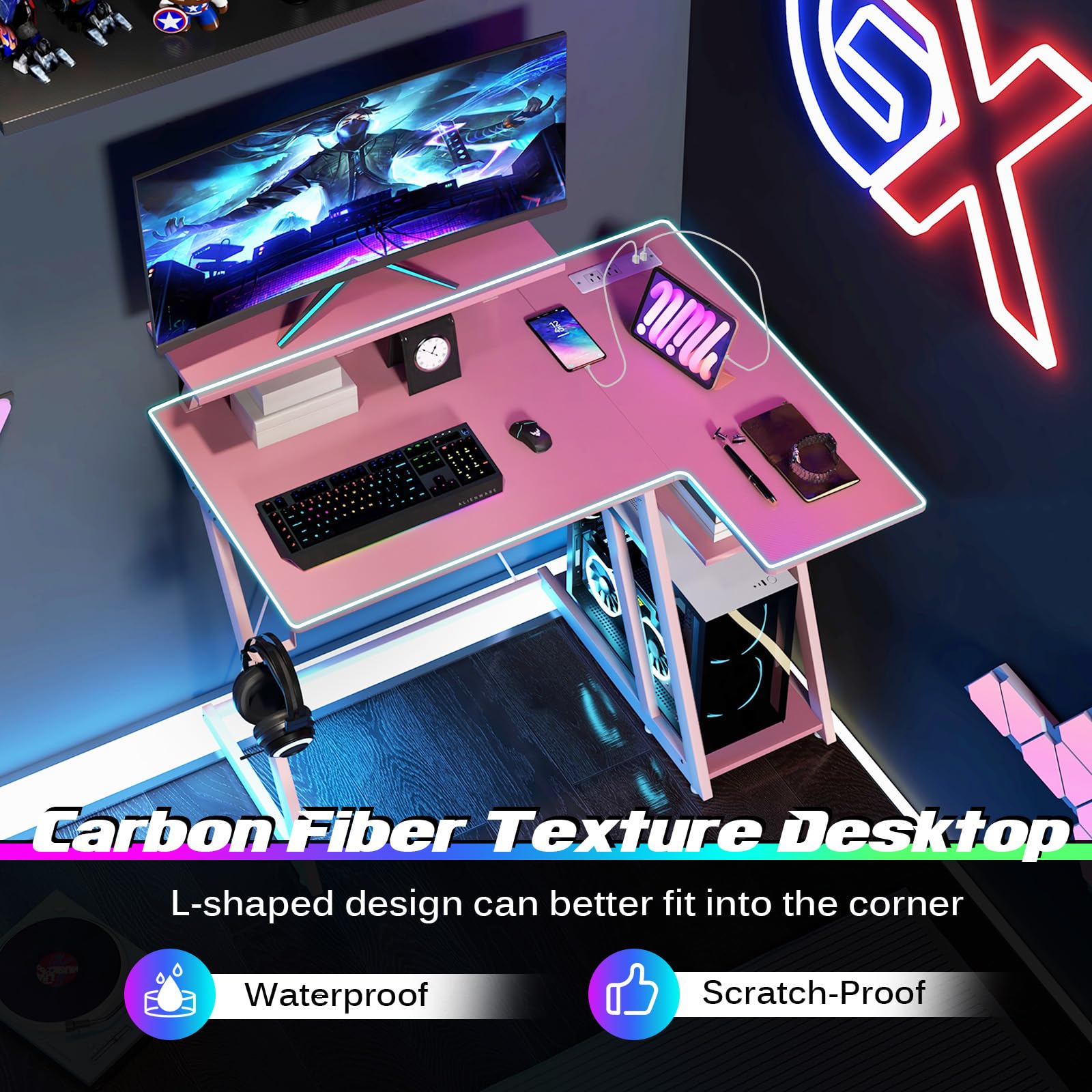 Giantex L Shaped Gaming Desk with Outlets & USB Ports, Small Computer Desk with Monitor Shelf, Headphone Hook, Storage Shelf & Host Stand, Modern Corner Gamer Workstation for Home Office (Pink)
