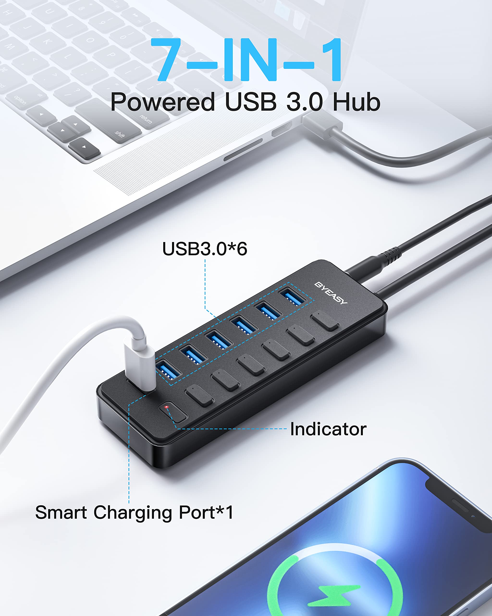 BYEASY 7 in 1 USB Hub with BC1.2 Smart-Charging Port, Powered USB 3.0 Hub with 5V/3A Power Adapter,USB Data Splitter with Individual Indicator for Notebook Laptop Tablet USB Flash Drives PC