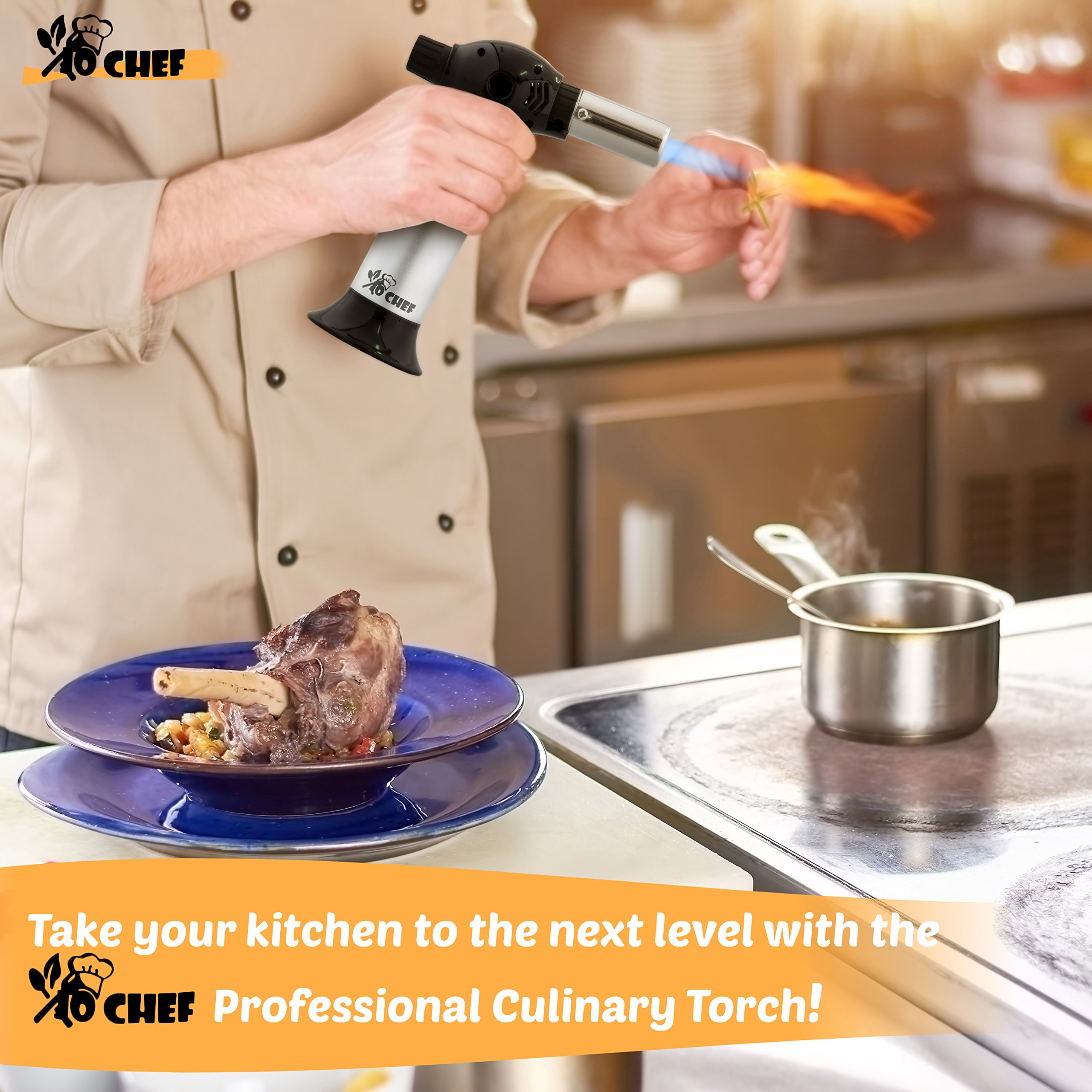 Burst Kitchen Torch, Blow Torch - Refillable Butane Torch With Adjustable Flame & Safety Lock- Culinary Torch, Creme Brûlée Torch For Cooking Food, Baking, BBQ & More + FREE Recipe E-Book By Jo Chef