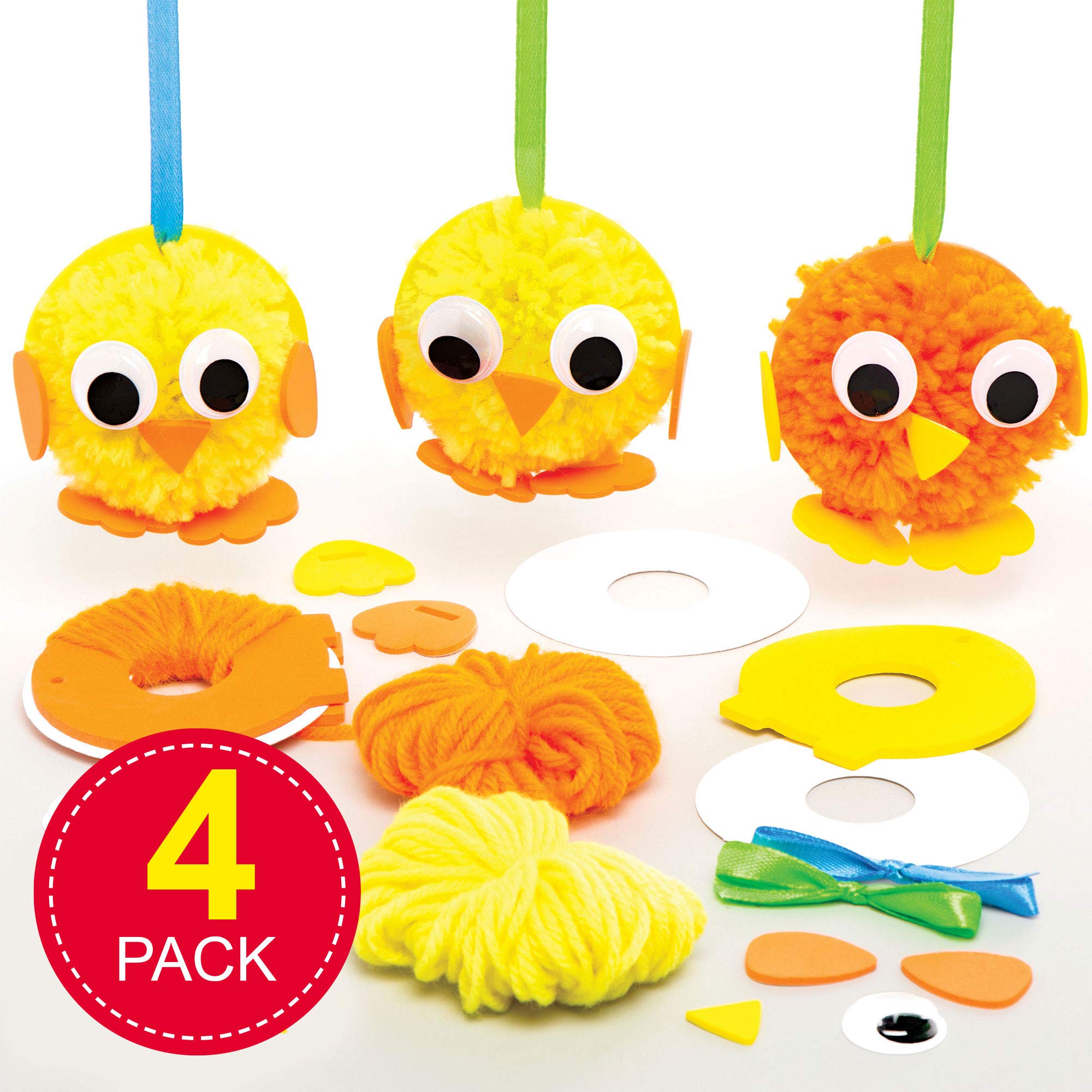 Baker Ross AT440 Easter Chick Pom Pom Kits - Pack of 4, Creative Easter Art and Craft Supplies for Kids to Make and Decorate