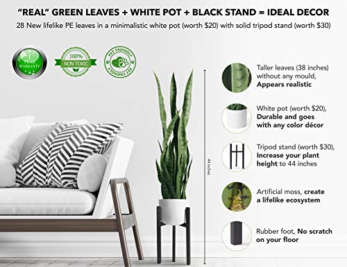 flybold Artificial Fake Snake Plants - Faux Indoor Plant - Modern Decor Artificial House Plant - Large Faux Sansevieria Plant with 28 Tall Leaves - Includes White Pot and Tripod - Green - 36in